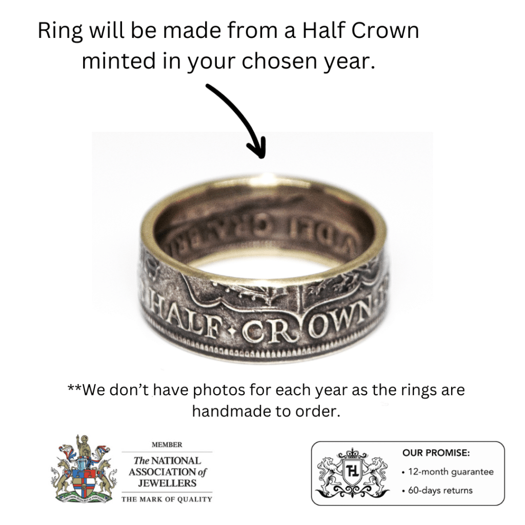 1945 Half Crown Coin Ring, 77th Birthday Gift - Sterling Silver